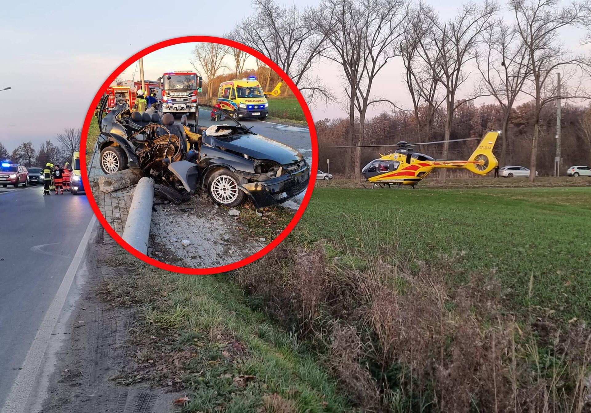 Sobótka. Samochód ściął latarnię, 17-latkę zabrał śmigłowiec LPR. Kierowca nieprzytomny ...