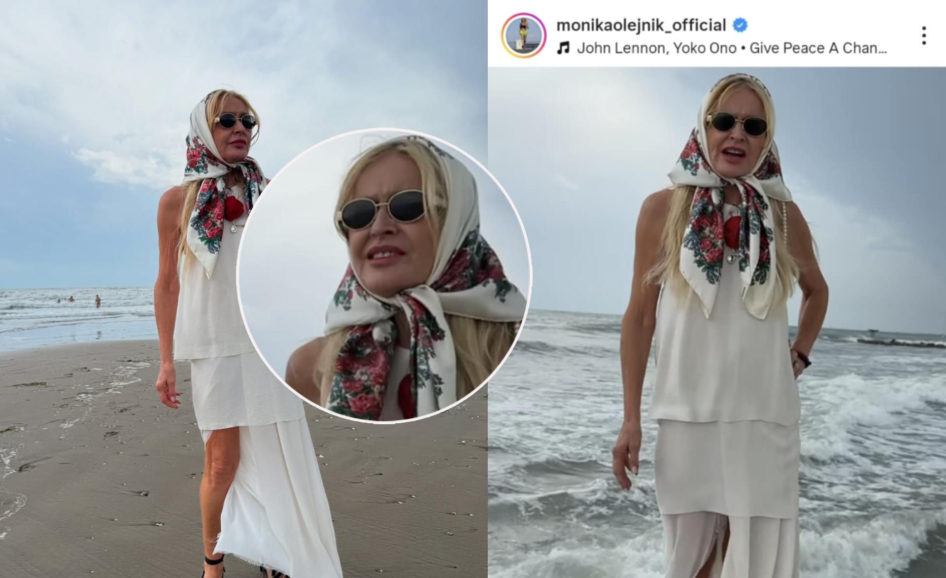 Monika Olejnik cała na biało zadała szyku w Wenecji. Tylko spójrzcie, co miała na głowie. Chustę ...