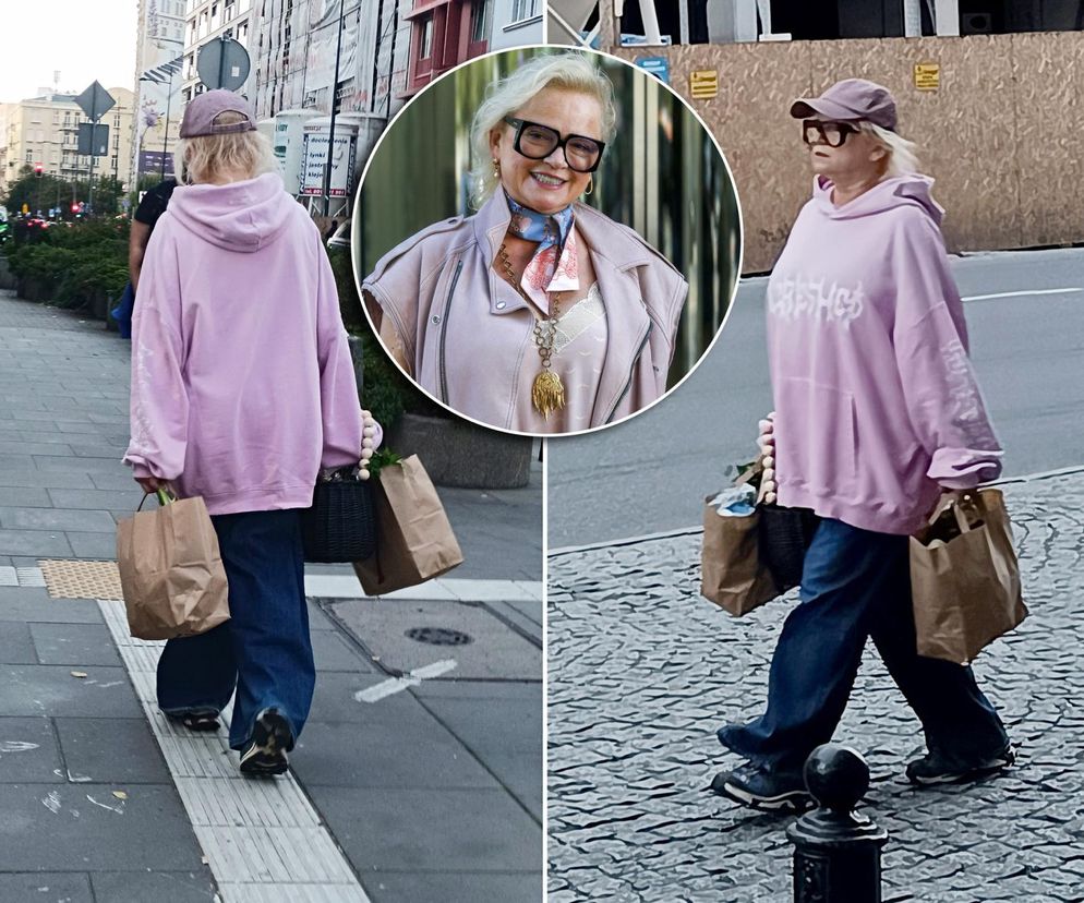 Katarzyna Figura przyłapana na zakupach. Różowa bluza, czapka z daszkiem i siatki w rękach ...