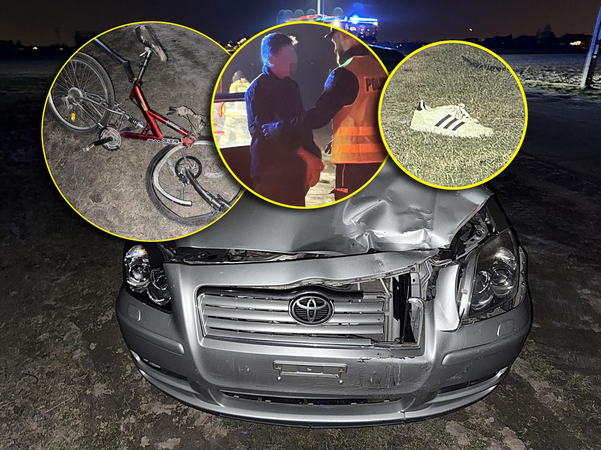 Wypadek pod Pruszkowem. Pijany kierowca potrącił rowerzystę. Rower pękł na dwie części ...