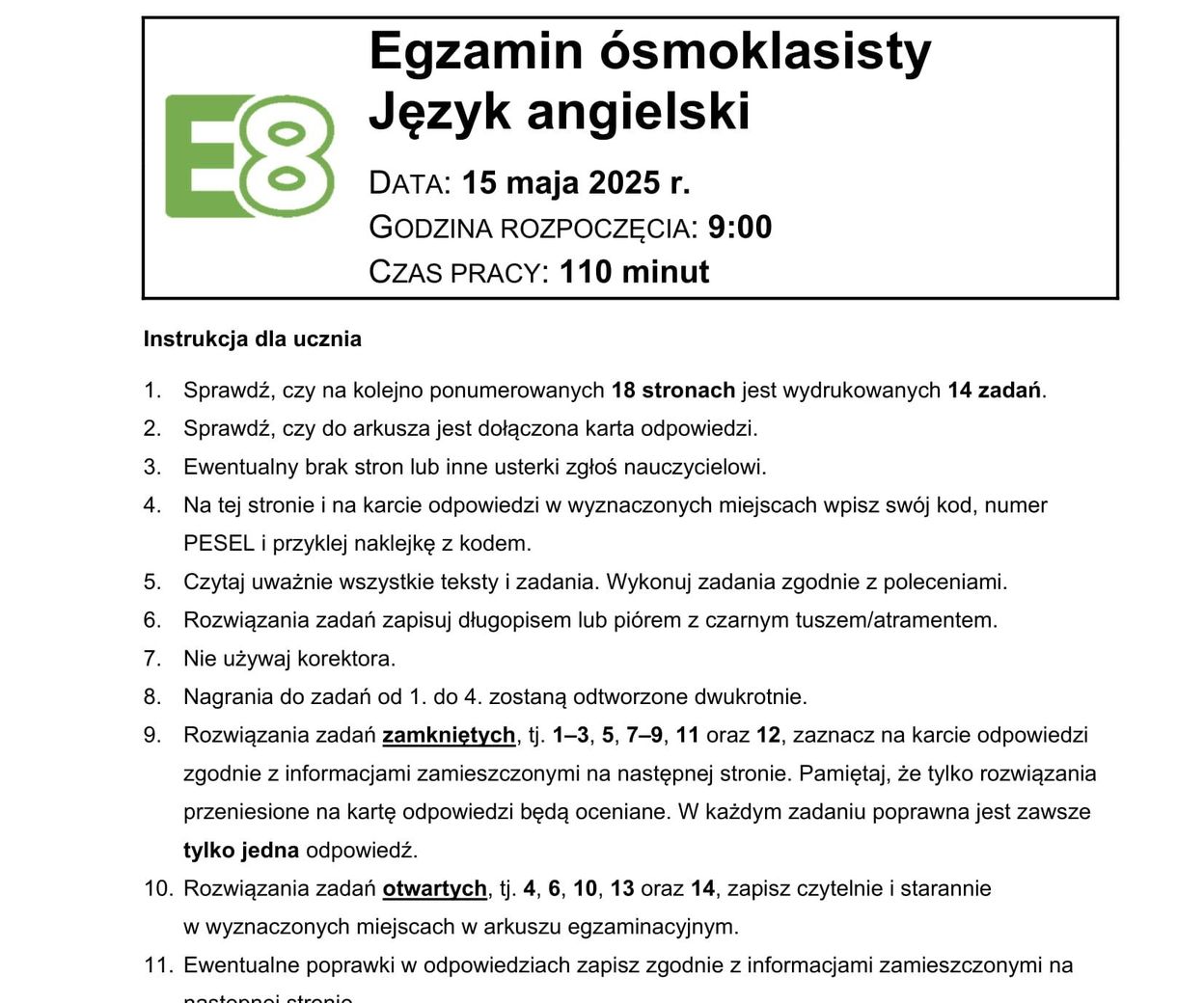Egzamin ósmoklasisty angielski 2025 - wszystkie ODPOWIEDZI i ARKUSZE CKE. Pobierz PDF - ESKA.pl